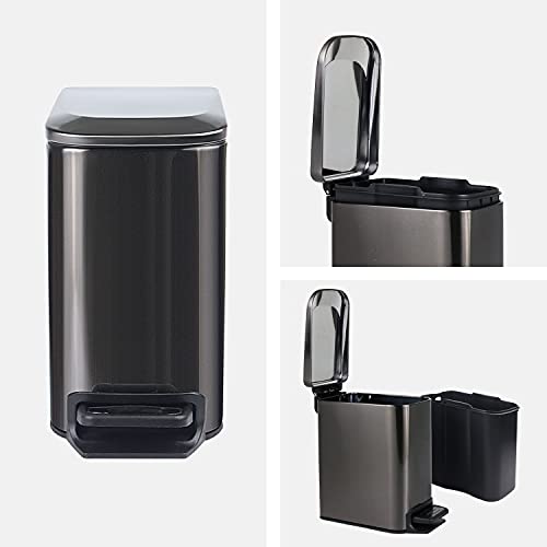 LINAN 6 Litter1.6 Gallon Rectangular Step Bathroom Trash Can with Removable Inner Basket, Garbage can with Lid for Bathroom, Powder Room, Bedroom, Black Stainless Steel