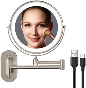 rechargeable wall mounted lighted makeup vanity mirror 8 inch double sided 1x 10x magnifying bathroom mirror, 3 color lighting, touch screen dimming, extended arm 360 rotation shaving light up mirror