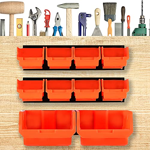 Wallmaster Wall Mounted Storage Bins, Wall Storage Bins Parts Rack 10 Bins&3 Rails Wall Mount Tool Organizer Hardware Storage Organizer