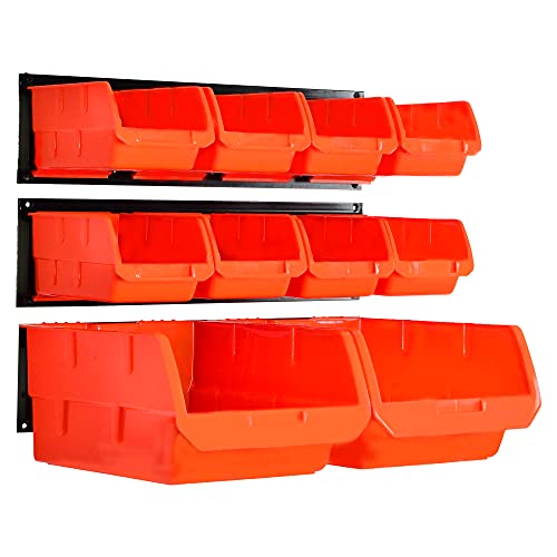 Wallmaster Wall Mounted Storage Bins, Wall Storage Bins Parts Rack 10 Bins&3 Rails Wall Mount Tool Organizer Hardware Storage Organizer