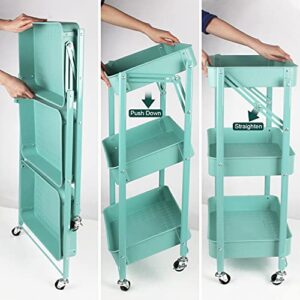 Todeco 3 Tier Foldable Plastic Rolling Storage Utility or Kitchen Cart ,Folding Mobile Trolley Storage Organizer with Wheels for Office Bathroom Bedroom,Free Assembly,Green