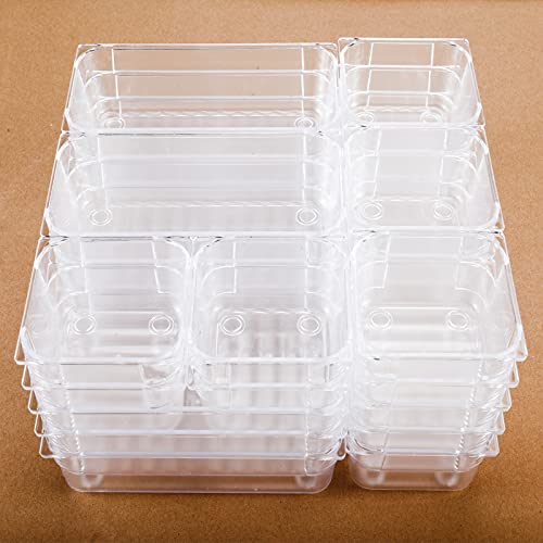 HighFree 24 Pcs Clear Desk Drawer Organizer Tray with 5-Size, Plastic Bathroom Makeup Drawer Dividers, Versatile Organizer Container Storage Bins for Kitchen,Office,Dresser & Cabinet