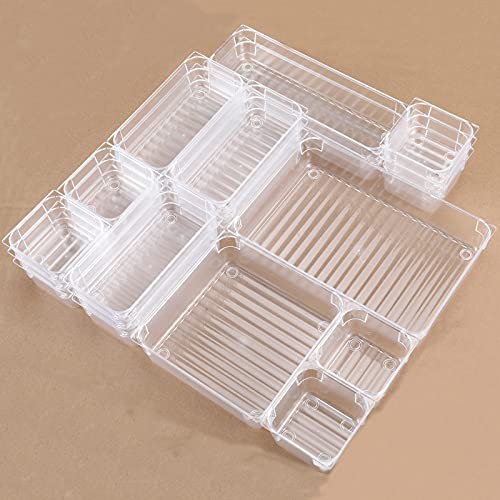 HighFree 24 Pcs Clear Desk Drawer Organizer Tray with 5-Size, Plastic Bathroom Makeup Drawer Dividers, Versatile Organizer Container Storage Bins for Kitchen,Office,Dresser & Cabinet