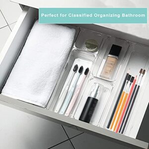 HighFree 24 Pcs Clear Desk Drawer Organizer Tray with 5-Size, Plastic Bathroom Makeup Drawer Dividers, Versatile Organizer Container Storage Bins for Kitchen,Office,Dresser & Cabinet