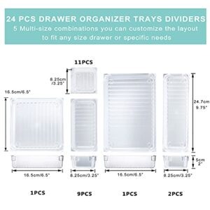 HighFree 24 Pcs Clear Desk Drawer Organizer Tray with 5-Size, Plastic Bathroom Makeup Drawer Dividers, Versatile Organizer Container Storage Bins for Kitchen,Office,Dresser & Cabinet