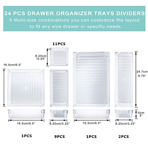 HighFree 24 Pcs Clear Desk Drawer Organizer Tray with 5-Size, Plastic Bathroom Makeup Drawer Dividers, Versatile Organizer Container Storage Bins for Kitchen,Office,Dresser & Cabinet