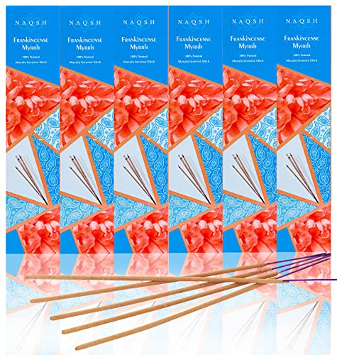 NAQSH Handmade 6X20 Incense Pack -120 Sticks, 100% Natural Hand Rolled 125gm Stick with Free Wooden Holder for Long Lasting Aroma, Sensual Therapy & Meditation, Home Cleansing (Frankincense Myrrh)