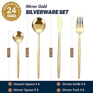 24-Piece Gold Silverware Set Gold Utensils Set for 6, Gold Spoons and Forks Set, Stainless Steel Gold Cutlery Set Home Kitchen Restaurant Hotel Wedding Flatware Set, Dishwasher Safe (Mirror Polished)