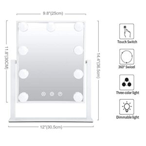 Kotdning Vanity Mirror with Lights,Lighted Vanity Mirror with 9 Dimmable Bulbs for Dressing Room & Bedroom,3 Color Lighting,Modes Detachable 10x Magnification 360°Ratation(White)