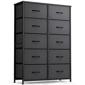 fezibo dresser organizer, chest of drawers-dresser for bedroom, hallway, entryway, closets, furniture storage tower-steel frame, wood top, 10 drawers organizer units-black grey