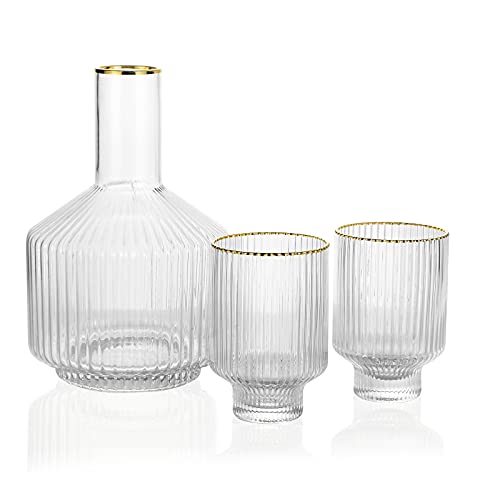 1500 C Tabletop Tiara Optic Swirl Bedside Carafe 1 Pitcher 59 oz. and 2 Tumblers 11.5 oz. Gold Rim Bedside Water Carafe with Glass Cups for Nightstand