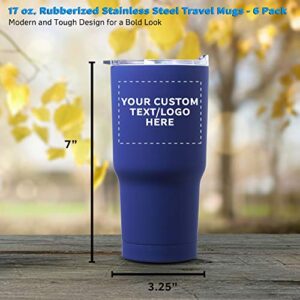 Personalized 17 oz. Rubberized Stainless Steel Travel Mugs - 6 Pack - Custom Text, Logo - Blue