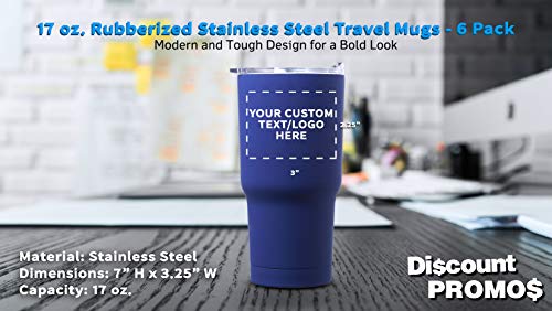 Personalized 17 oz. Rubberized Stainless Steel Travel Mugs - 6 Pack - Custom Text, Logo - Blue