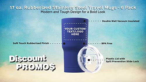 Personalized 17 oz. Rubberized Stainless Steel Travel Mugs - 6 Pack - Custom Text, Logo - Blue