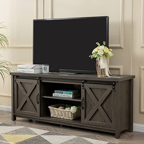 GAZHOME Modern Farmhouse TV Stand with Sliding Barn Doors, Media Entertainment Center Console Table for TVs up to 65”,2-Tier Large Storage Cabinets,Rustic TV Stand for Living Room Bedroom,Dark Grey