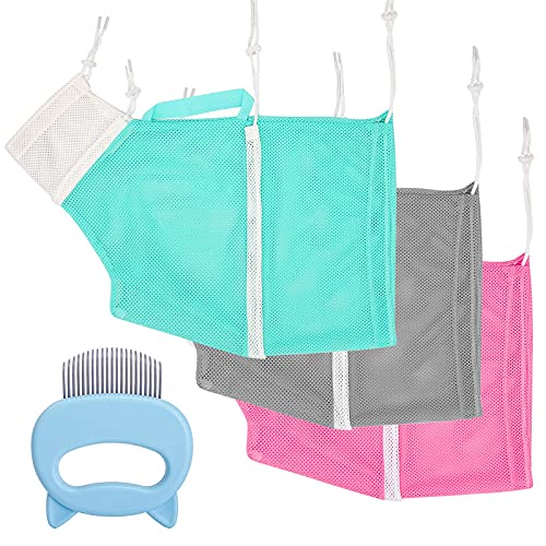 3 Pieces Cat Bathing Bag Cat Shower Net Bag with Cat Shell Comb, Anti-Bite Anti-Scratch Adjustable Breathable Mesh Grooming Carrier Bag for Pets, Bathing, Nail Trimming, Feeding Medicine, Ear Clean