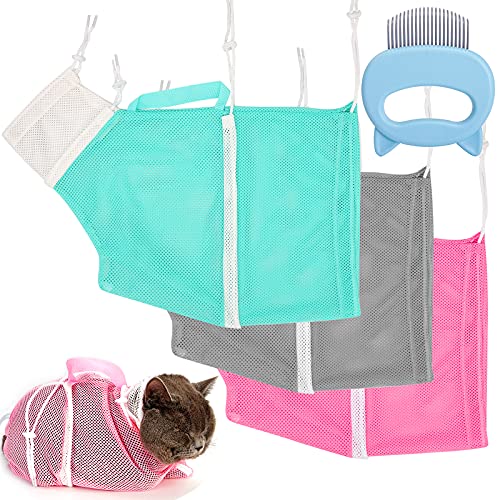 3 Pieces Cat Bathing Bag Cat Shower Net Bag with Cat Shell Comb, Anti-Bite Anti-Scratch Adjustable Breathable Mesh Grooming Carrier Bag for Pets, Bathing, Nail Trimming, Feeding Medicine, Ear Clean