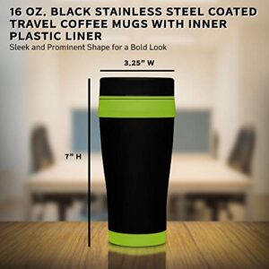 DISCOUNT PROMOS 16 oz. Black Steel Travel Coffee Mugs - 10 pack - Lime Green