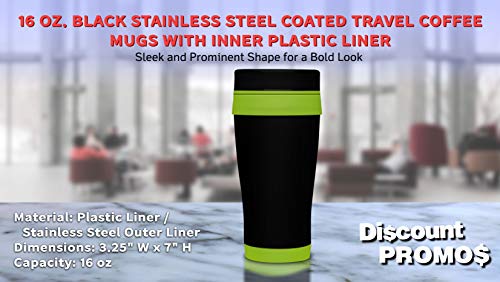 DISCOUNT PROMOS 16 oz. Black Steel Travel Coffee Mugs - 10 pack - Lime Green