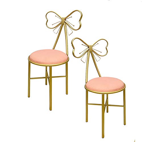 Wrought Iron Dressing Stool, Makeup Vanity Chairs Set of 2 with Butterfly Bow Tie Backrest Bedroom Princess Chair Girls Ladies Creative Makeup Stool (Leather- Pink)