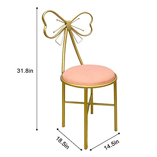 Wrought Iron Dressing Stool, Makeup Vanity Chairs Set of 2 with Butterfly Bow Tie Backrest Bedroom Princess Chair Girls Ladies Creative Makeup Stool (Leather- Pink)