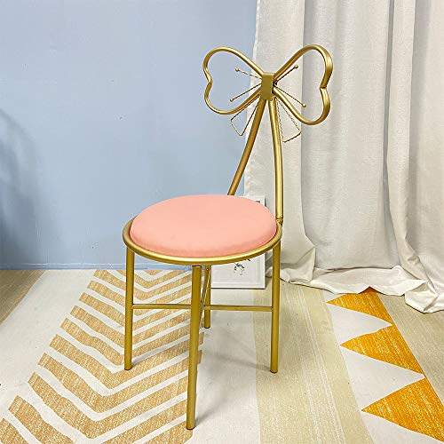 Wrought Iron Dressing Stool, Makeup Vanity Chairs Set of 2 with Butterfly Bow Tie Backrest Bedroom Princess Chair Girls Ladies Creative Makeup Stool (Leather- Pink)