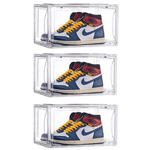 sunkey shoe boxes clear plastic stackable shoe organizers with magnetic side door for men women sneakers aj1 display large, 3 pack