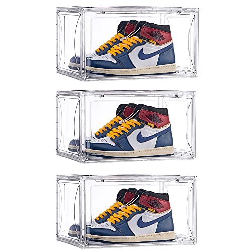 sunkey Shoe Boxes Clear Plastic Stackable Shoe Organizers with Magnetic Side Door for Men Women Sneakers Aj1 Display Large, 3 Pack