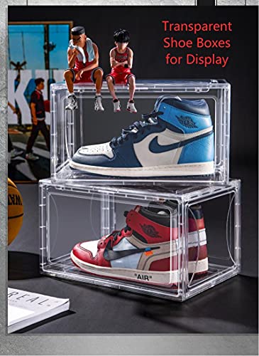 sunkey Shoe Boxes Clear Plastic Stackable Shoe Organizers with Magnetic Side Door for Men Women Sneakers Aj1 Display Large, 3 Pack