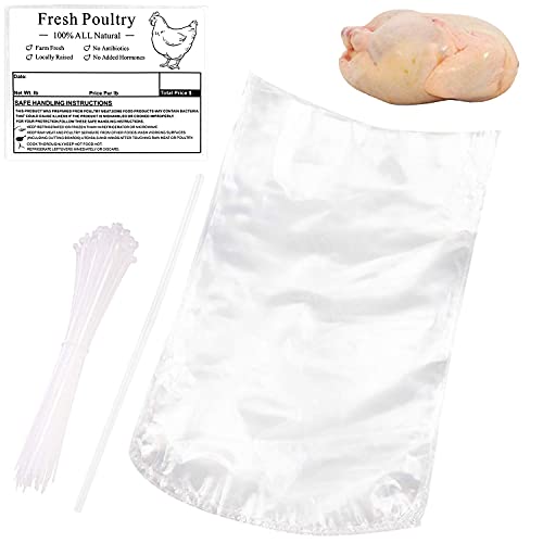 Poultry Shrink Bags 10"x16" 50Pack Clear Poultry Heat Shrink Wrap BPA Free Freezer Safe with 50 Zip Ties,50PCS Freezer Labels and a Silicone Straw for Chickens,Rabbits