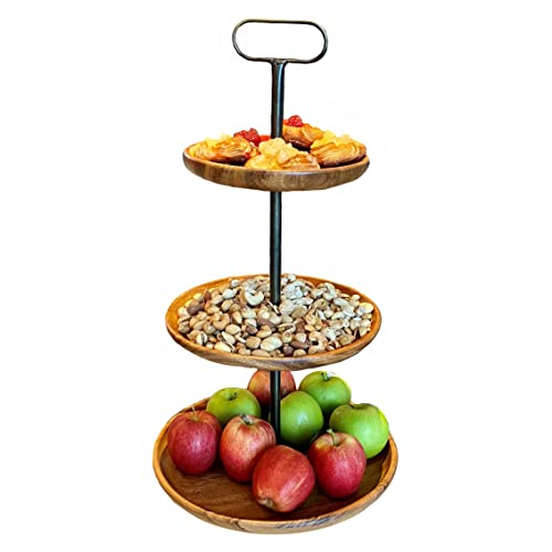 Wrightmart 3-Tiered Wooden Serving Stand, with 3 Round Server Tray Sections, Rustic Food Display for Cupcakes, Snacks, Pastries, Fruit, Desserts, Mixed Nuts, Handmade, Antiqued Steel Frame, Natural