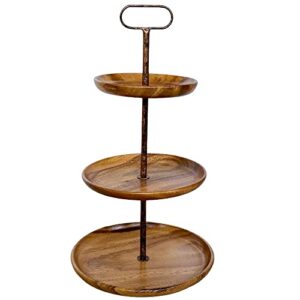 Wrightmart 3-Tiered Wooden Serving Stand, with 3 Round Server Tray Sections, Rustic Food Display for Cupcakes, Snacks, Pastries, Fruit, Desserts, Mixed Nuts, Handmade, Antiqued Steel Frame, Natural