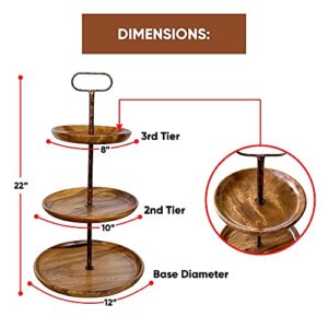 Wrightmart 3-Tiered Wooden Serving Stand, with 3 Round Server Tray Sections, Rustic Food Display for Cupcakes, Snacks, Pastries, Fruit, Desserts, Mixed Nuts, Handmade, Antiqued Steel Frame, Natural