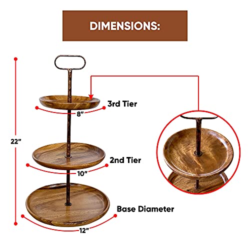 Wrightmart 3-Tiered Wooden Serving Stand, with 3 Round Server Tray Sections, Rustic Food Display for Cupcakes, Snacks, Pastries, Fruit, Desserts, Mixed Nuts, Handmade, Antiqued Steel Frame, Natural