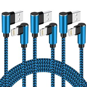 finekeep iphone charger cable 10ft 3 pack 90 degree lightning cable mfi certified nylon braided right angled lightning charging cable for iphone 12/11/11 pro/xs max/xr/x/8/7/6 (blue black)