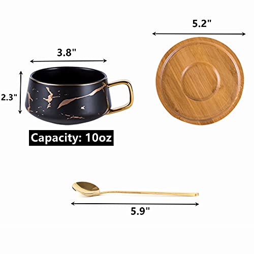 Peohud 2 Pack Ceramic Tea Coffee Cup, 10 OZ Coffee Mug with 304 Stainless Steel Spoon and Bamboo Saucer, Marble Espresso Cups for Latte, Cappuccino, Americano, White and Black