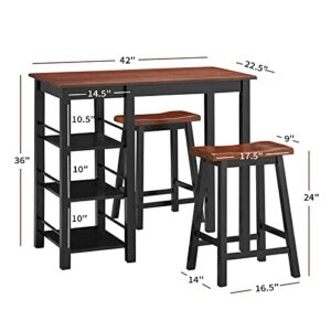 PETSITE 3 Piece Bar Table Set, Counter Height Kitchen Dining Room Table with Stools and Storage Shelves, Small Breakfast Coffee Pub Table and Chairs Set of 2