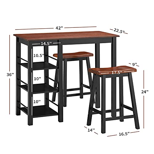 PETSITE 3 Piece Bar Table Set, Counter Height Kitchen Dining Room Table with Stools and Storage Shelves, Small Breakfast Coffee Pub Table and Chairs Set of 2