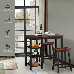 PETSITE 3 Piece Bar Table Set, Counter Height Kitchen Dining Room Table with Stools and Storage Shelves, Small Breakfast Coffee Pub Table and Chairs Set of 2