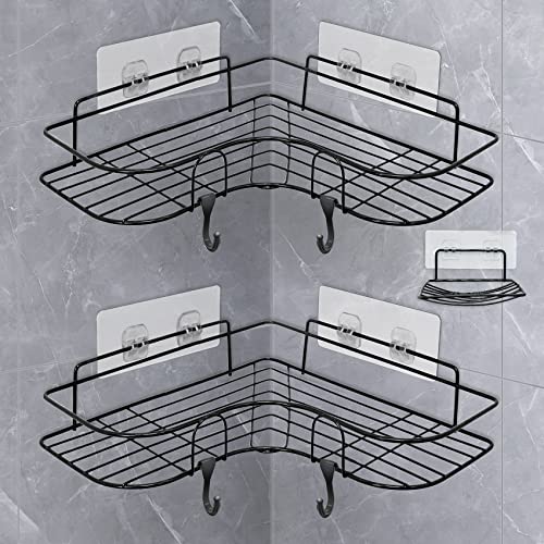 ADORAMOUR Corner Shower Caddy Set -2 Pack Bathroom Organizer with Soap Dish, Adhesive Storage Rack for Toiletries, Shower Shelf Drill-Free or Drilling Install Options Shampoo Holder, Black