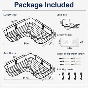 ADORAMOUR Corner Shower Caddy Set -2 Pack Bathroom Organizer with Soap Dish, Adhesive Storage Rack for Toiletries, Shower Shelf Drill-Free or Drilling Install Options Shampoo Holder, Black