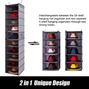 Fedora Hat Rack for Closet, 10-Shelf Hat Organizer for Sun Hat Panama Hat, 2 Separate 5-Shelf Hanging Closet Hat Organizer, Hat Storage Hat Hanger Hat Holder Oxford Cloth Fedora Hanging Hat Rack