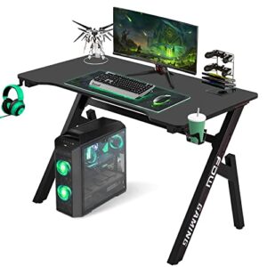 gaming desk computer desk 45.2"x 23.4" home office desk extra large modern ergonomic black pc carbon fiber table gamer workstation with cup holder headphone hook