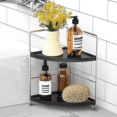 Kitchen Spice Rack Standing Shelf, 2-Tier Corner Storage Shelf , Bathroom Countertop Organizer , Vanity Tray Cosmetic & Makeup Storage, Silver&Black