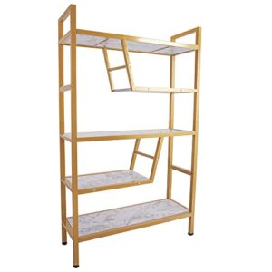 simflag 5-tier bookshelf adjustable bookcase with retro wood and metal, modern tall bookshelf for bedroom, display gold bookshleves for home, office, living room, study room