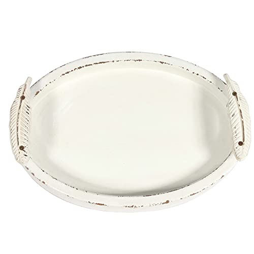 SOFE 16" Farmhouse Oval Wood Tray, White Distressed Serving Tray with Carved Handles, Serving Tray Decorative and Rustic Candle Holder Tray, Coffee Table Tray Centerpieces for Dining Room/Kitchen