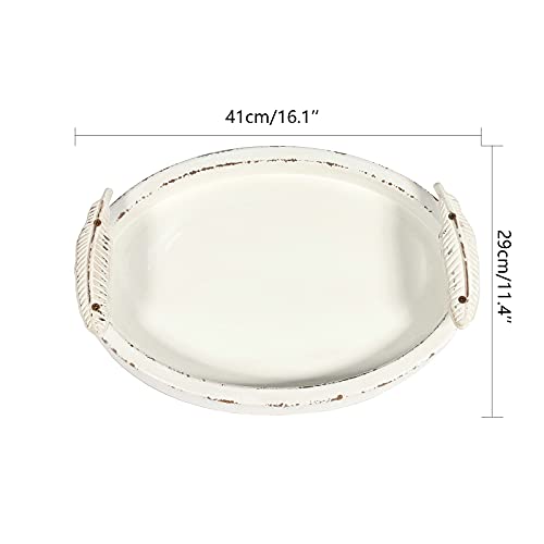 SOFE 16" Farmhouse Oval Wood Tray, White Distressed Serving Tray with Carved Handles, Serving Tray Decorative and Rustic Candle Holder Tray, Coffee Table Tray Centerpieces for Dining Room/Kitchen