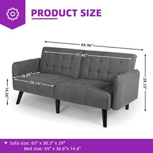 HFG 65in Modern Fabric Linen Upholstered Convertible 2 USB Folding Futon Couch Sofa Bed, Foldable Loveseat, Loveseats Furniture for Compact Small Space, Dorm, Living Room Apartment, Office, Dark Grey