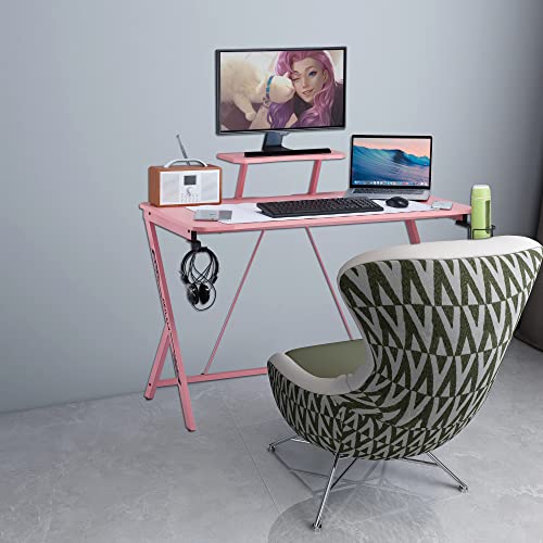 DEILALY Gaming Desk 45 Inch Computer Table Gamer Desk with Monitor Shelf Escritorios Mesa Office Home Study Desk Work Station PC Table Carbon Steel Leg with Headphone Holder Apartment Corner Desk Pink