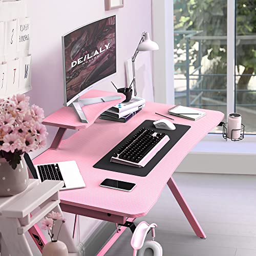 DEILALY Gaming Desk 45 Inch Computer Table Gamer Desk with Monitor Shelf Escritorios Mesa Office Home Study Desk Work Station PC Table Carbon Steel Leg with Headphone Holder Apartment Corner Desk Pink